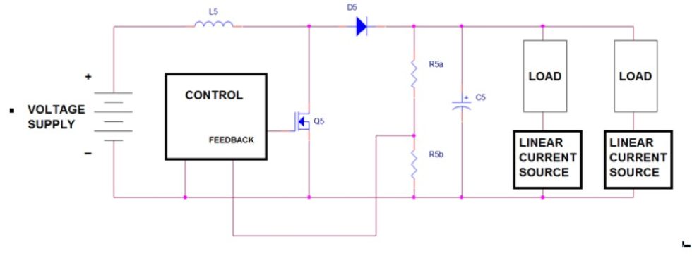 PWM boost with multiple linear current sources for multiple LED strings ...